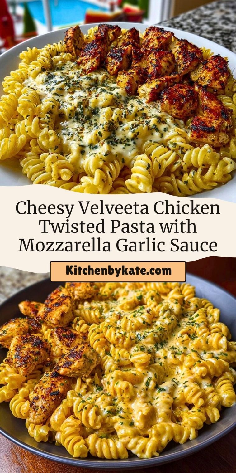 Cheesy Velveeta Chicken Twisted Pasta with Mozzarella Garlic Sauce