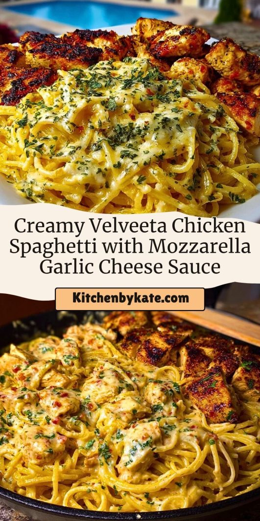 Creamy Velveeta Chicken Spaghetti with Mozzarella Garlic Cheese Sauce