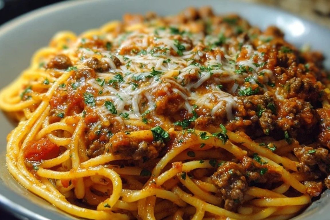 Creamy Velveeta Spaghetti with Italian Beef Marinara