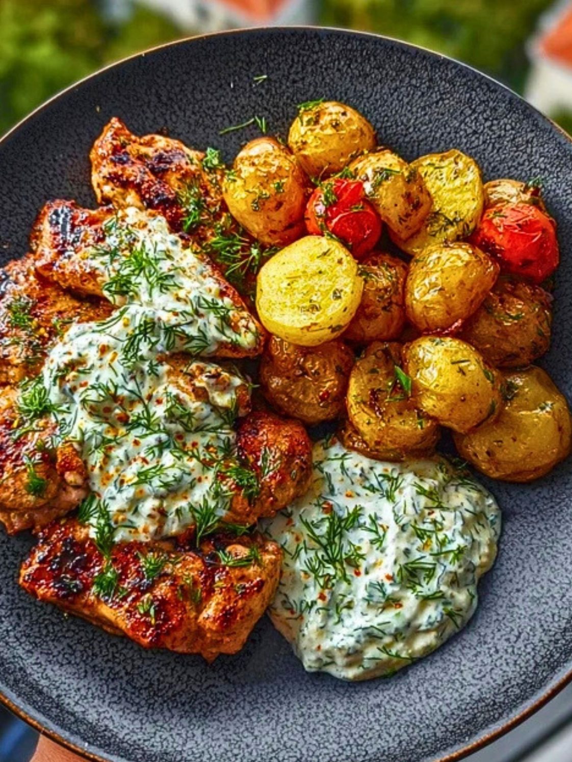 Spicy Yogurt Marinated Chicken with Dill Feta Cream & Crispy Baby Potatoes