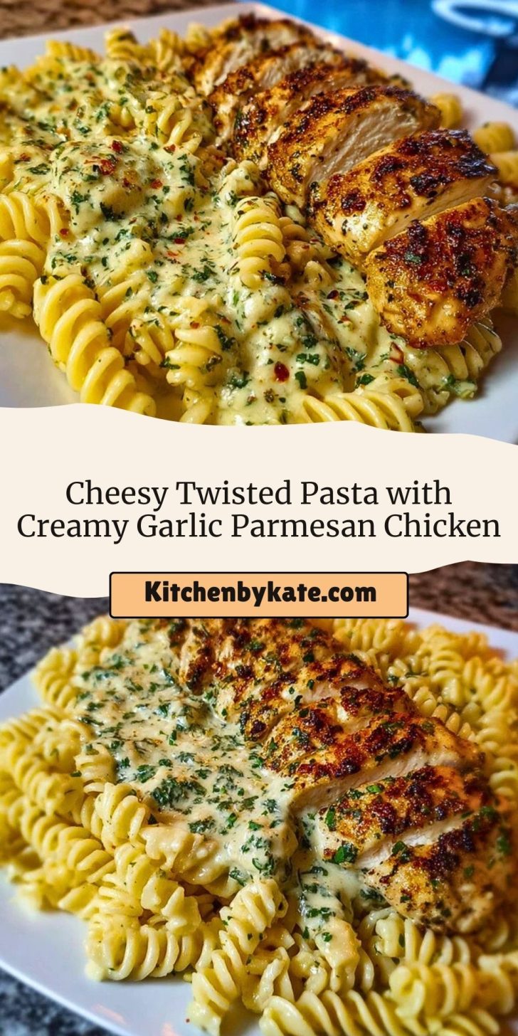 Cheesy Twisted Pasta with Creamy Garlic Parmesan Chicken