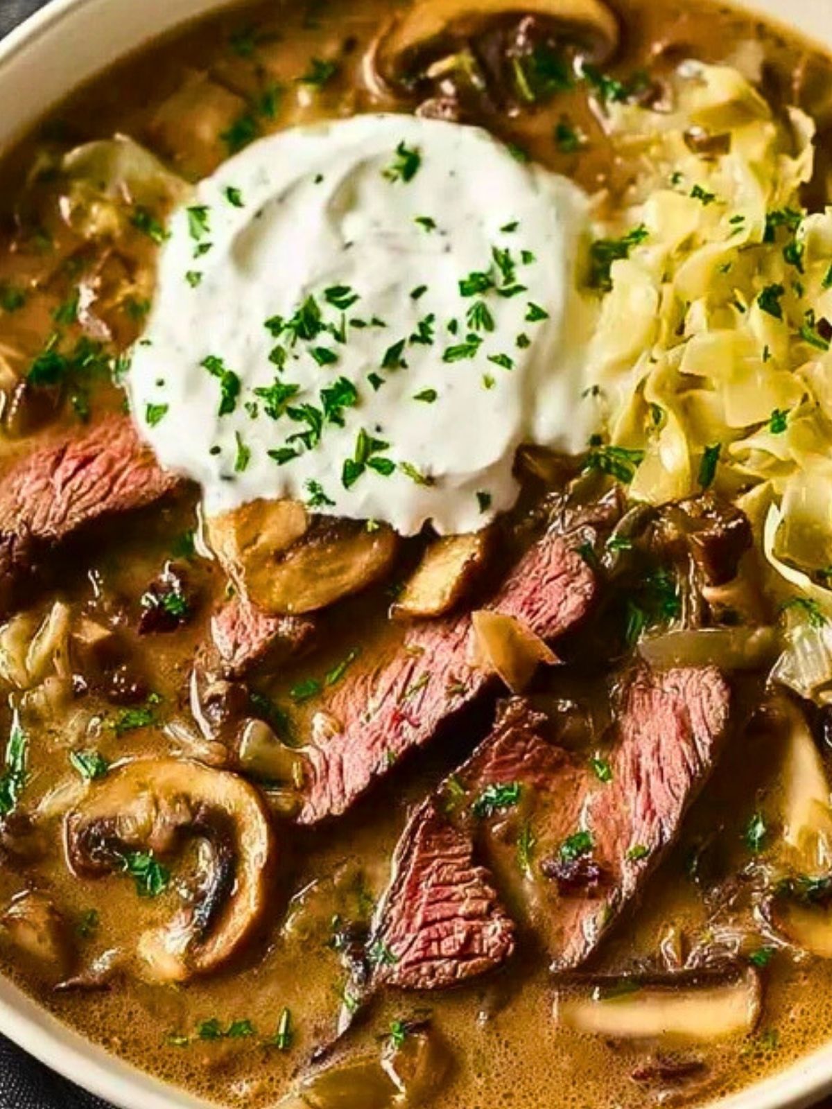 Easy Flank Steak and Mushroom Soup with Sour Cream and Cabbage Noodles