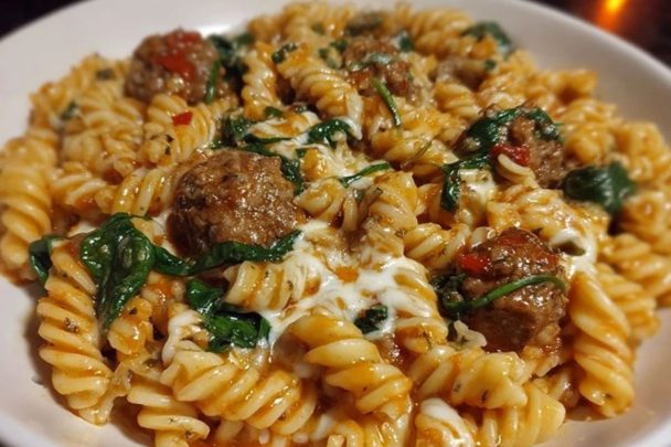 Weeknight Garlic Butter Rotini with Beef, Italian Sausage and Spinach